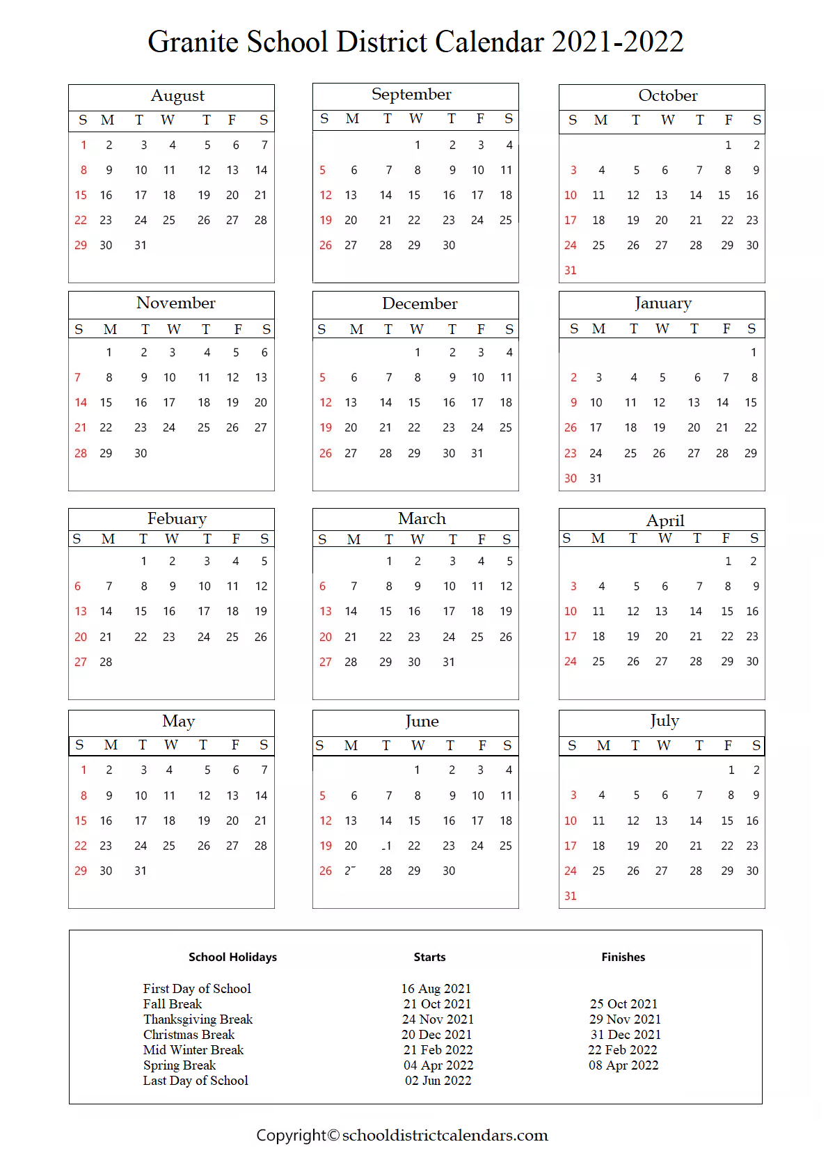 Granite School District Calendar 2021 2022 With Holidays In PDF