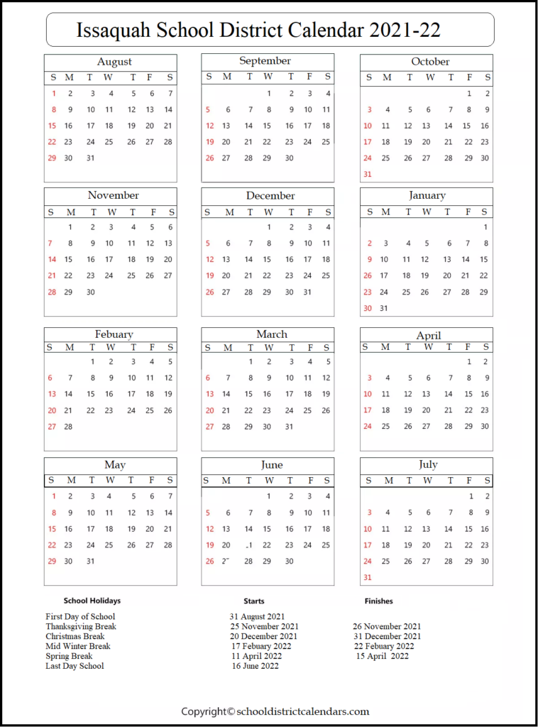 Issaquah School District Calendar 2021 22 School District Calendars Issaquah School District Calendar 2021 22 School District Calendars