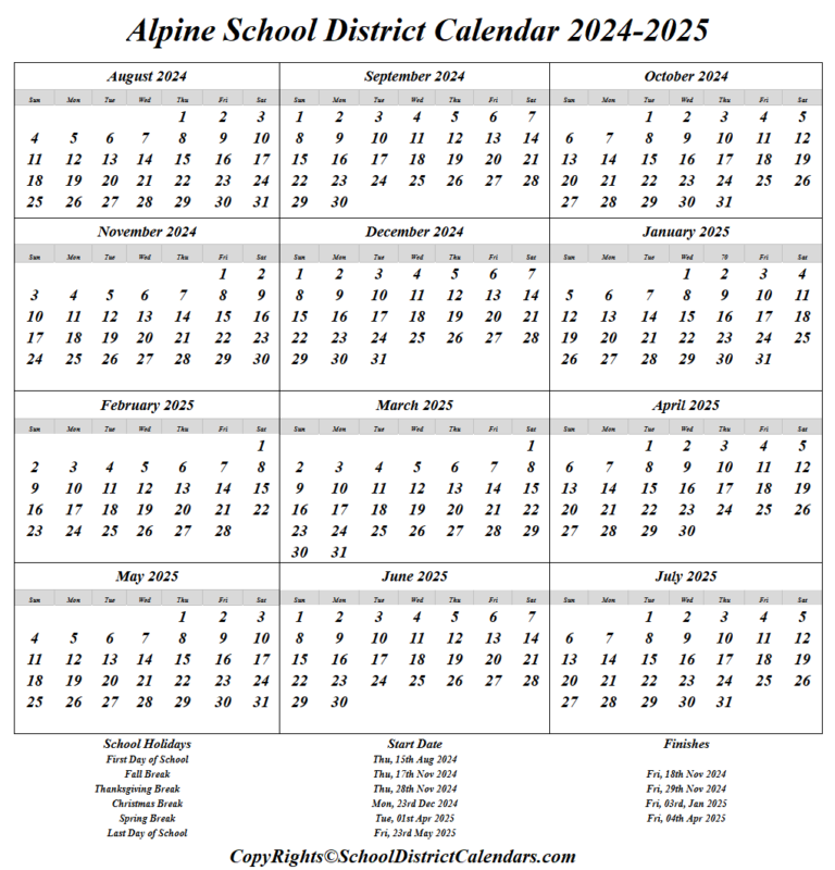 Alpine School District Calendar 2024-2025 With Holidays Download