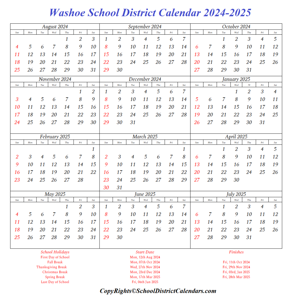 Download Washoe School District 2024-2025 Holidays Calendar