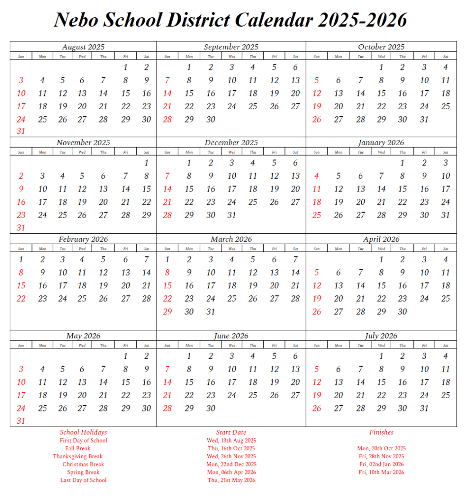 Nebo District School Calendar 2025-2026 With Holidays
