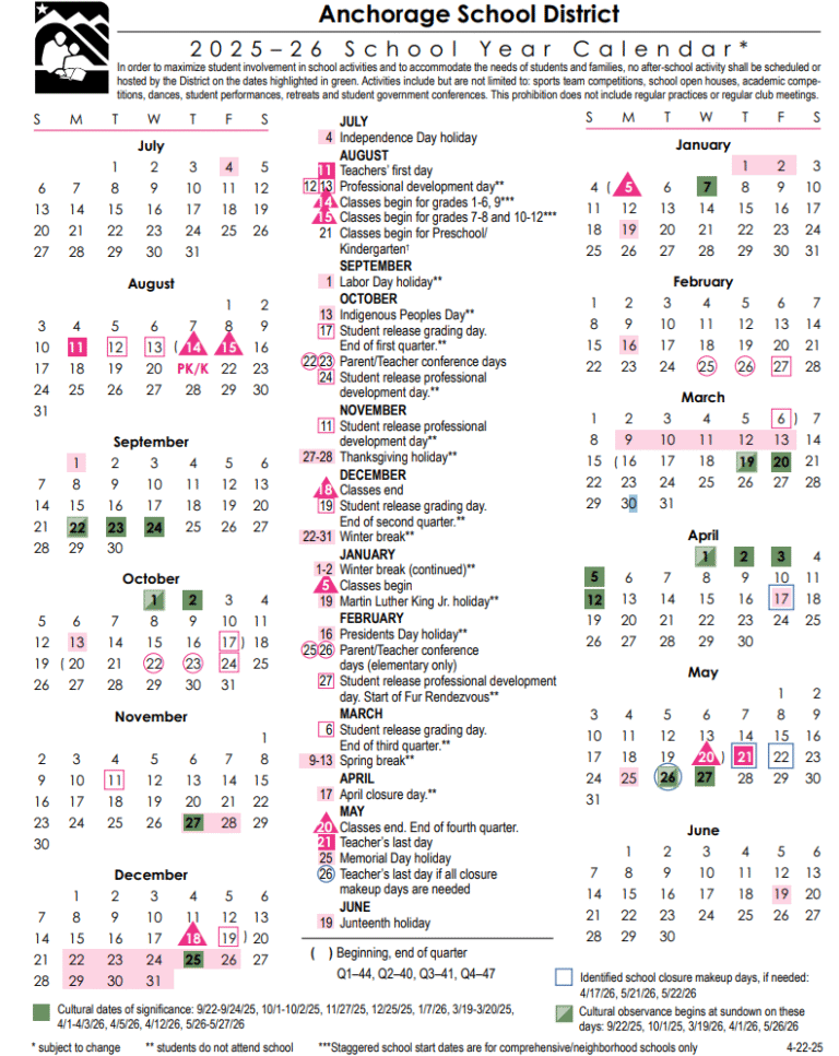 Anchorage School District 2025-2026 Holidays Calendar Download