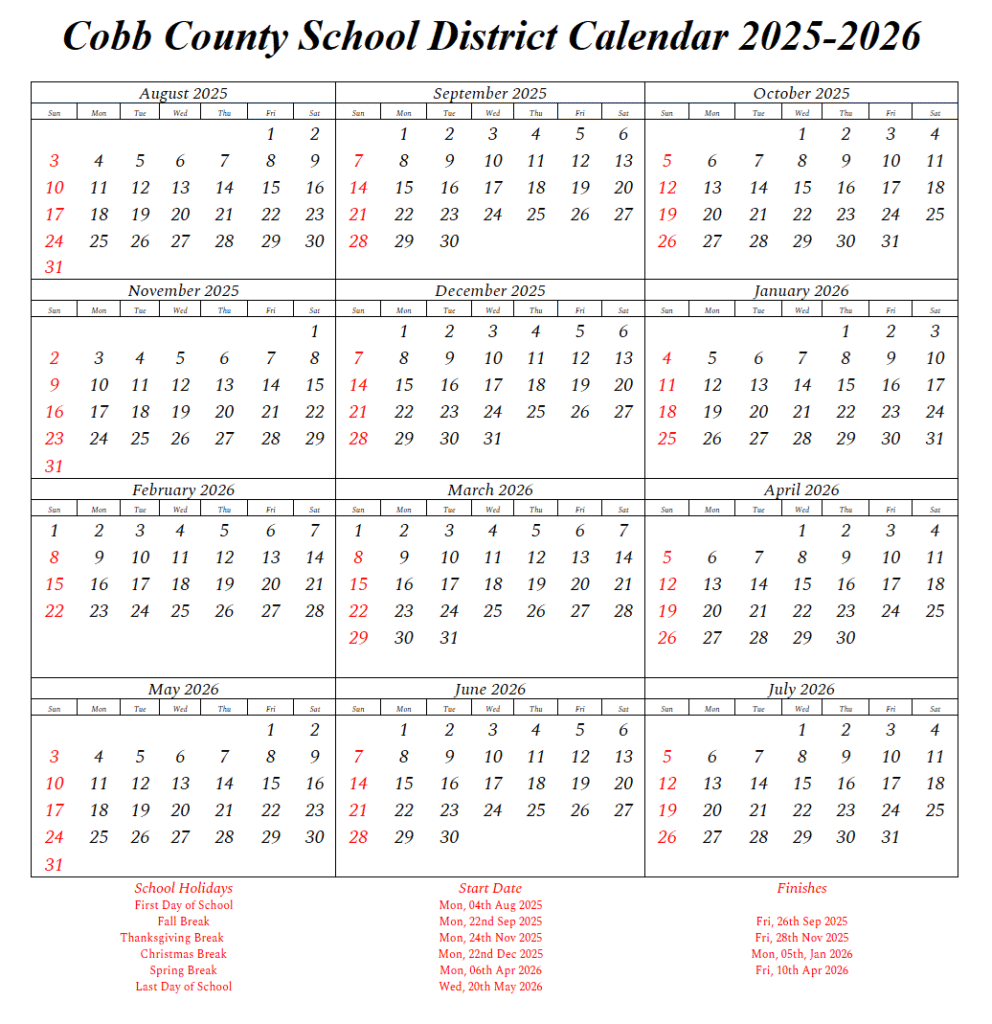 Cobb County School District Holidays 2025-2026 Calendar | School District Calendars