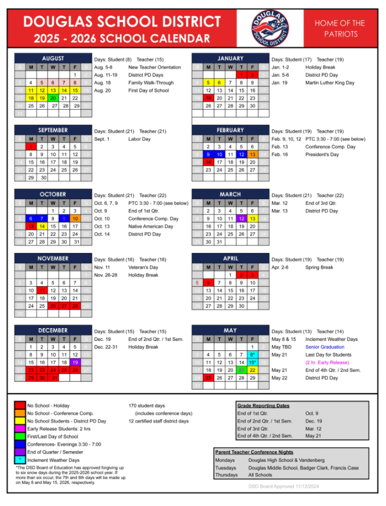 Douglas School County District 2025-2026 Calendar With Holidays